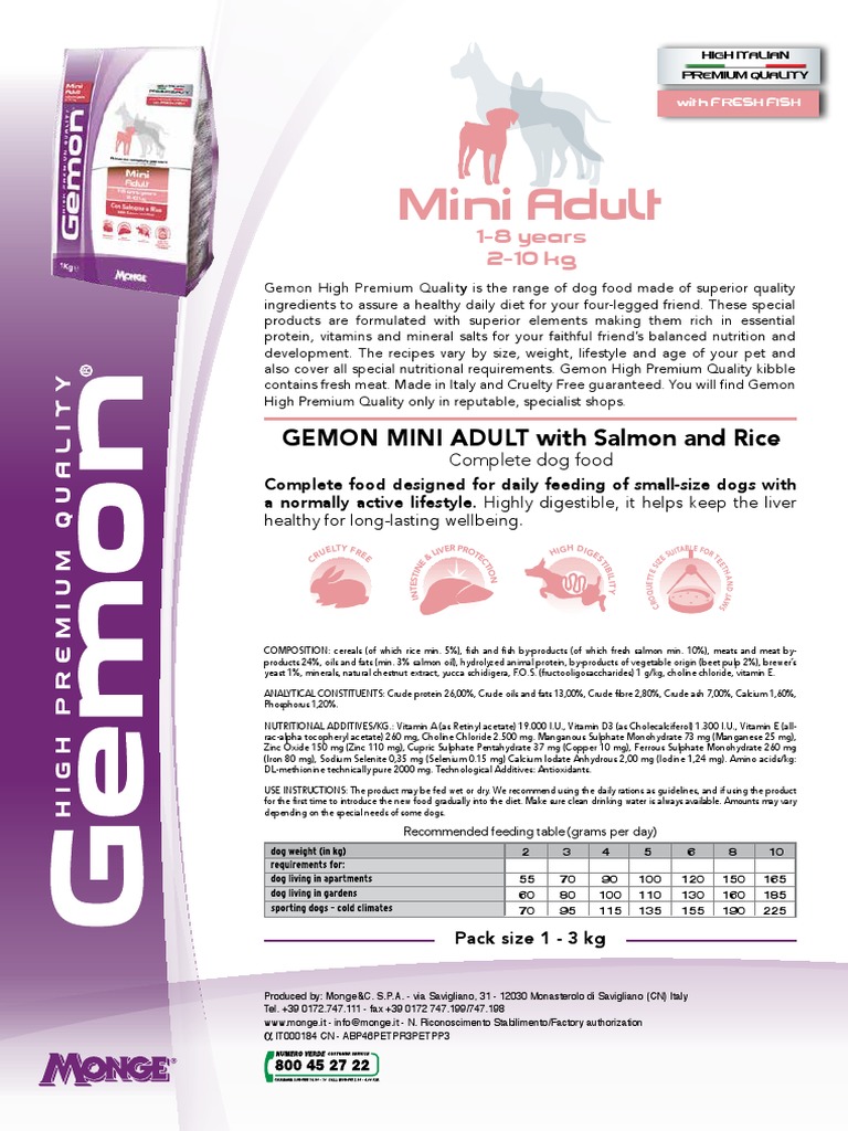 gemon_dog_dry_mini_adult_with_salmon_and_rice_GB.pdf | Dog Food | Nutrition