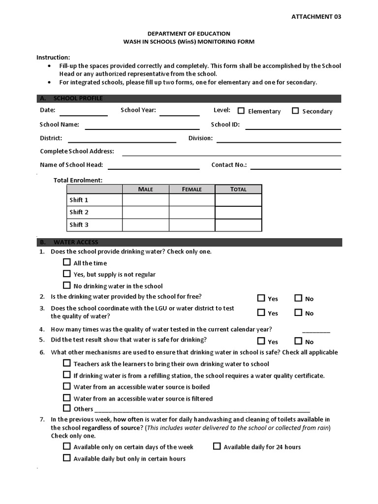 WinS Monitoring Form for Schools | PDF | Hand Washing | Toilet