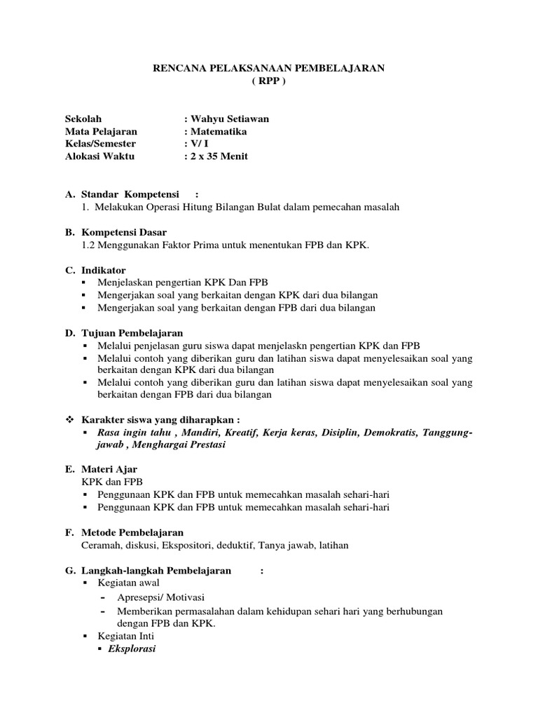 Rencana Pelaksanaan Pembelajaran FPB KPK MTK | PDF