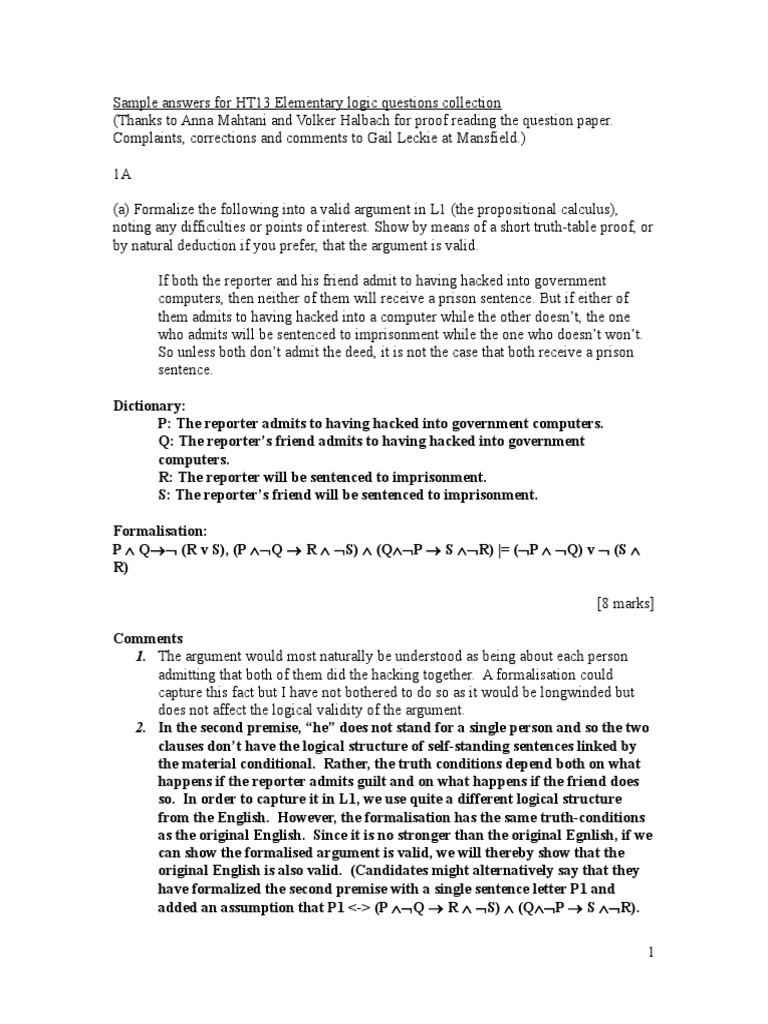 Collection HT13 Elementary Logic Sample Answers - 1 | PDF | Argument | Validity