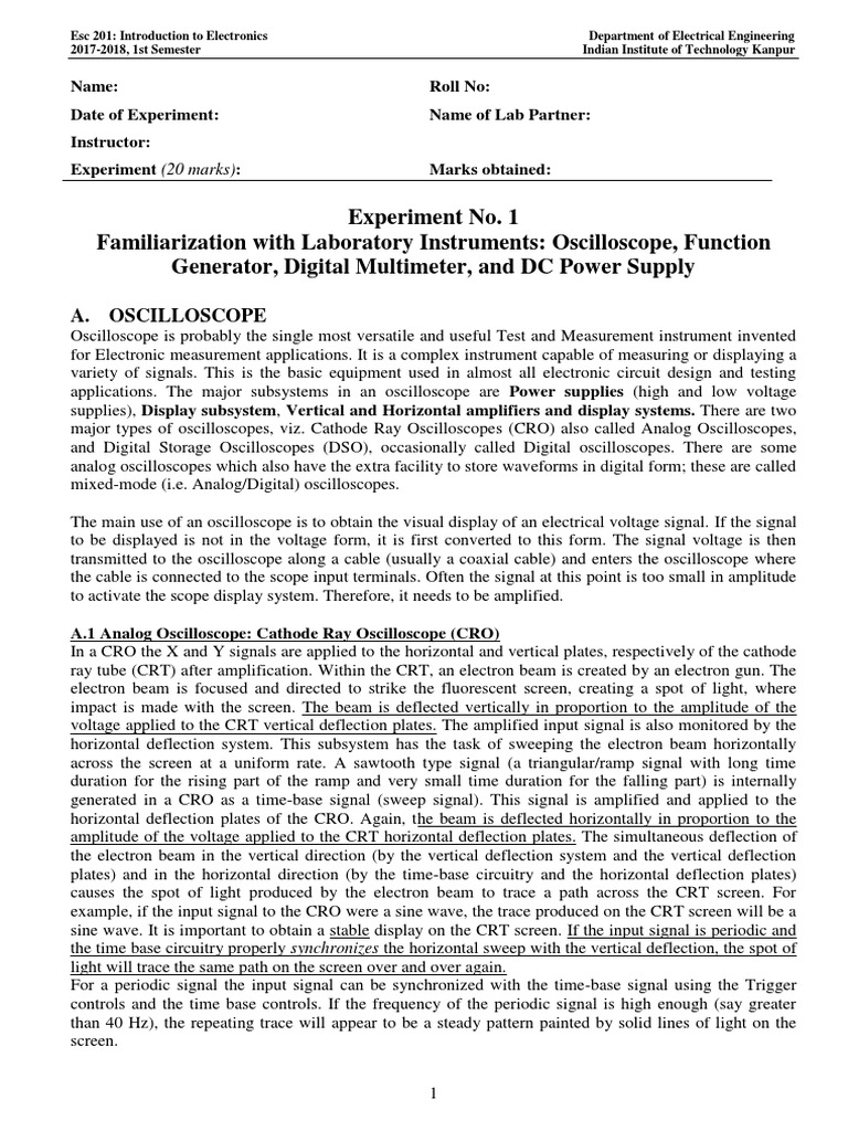 Experiment No. 1 Familiarization With Laboratory Instruments: Oscilloscope, Function Generator ...