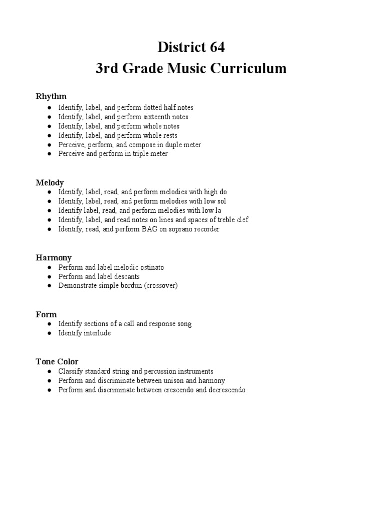 District 3rd: 64 Grade Music Curriculum | PDF
