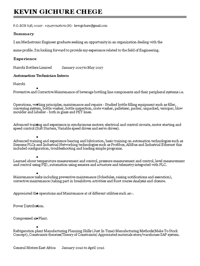 Kevin Gichure Chege CV 1 | PDF | Automation | Production And Manufacturing