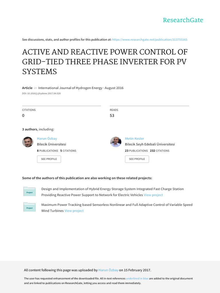 Active and Reactive Power Control of Grid-Tied Three Phase Inverter For PV Systems | PDF ...