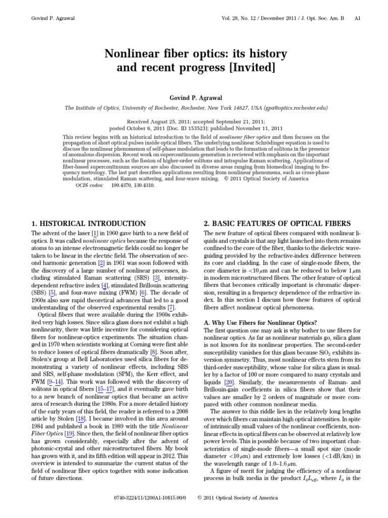 Nonlinear Fiber Optics: Its History and Recent Progress | PDF ...