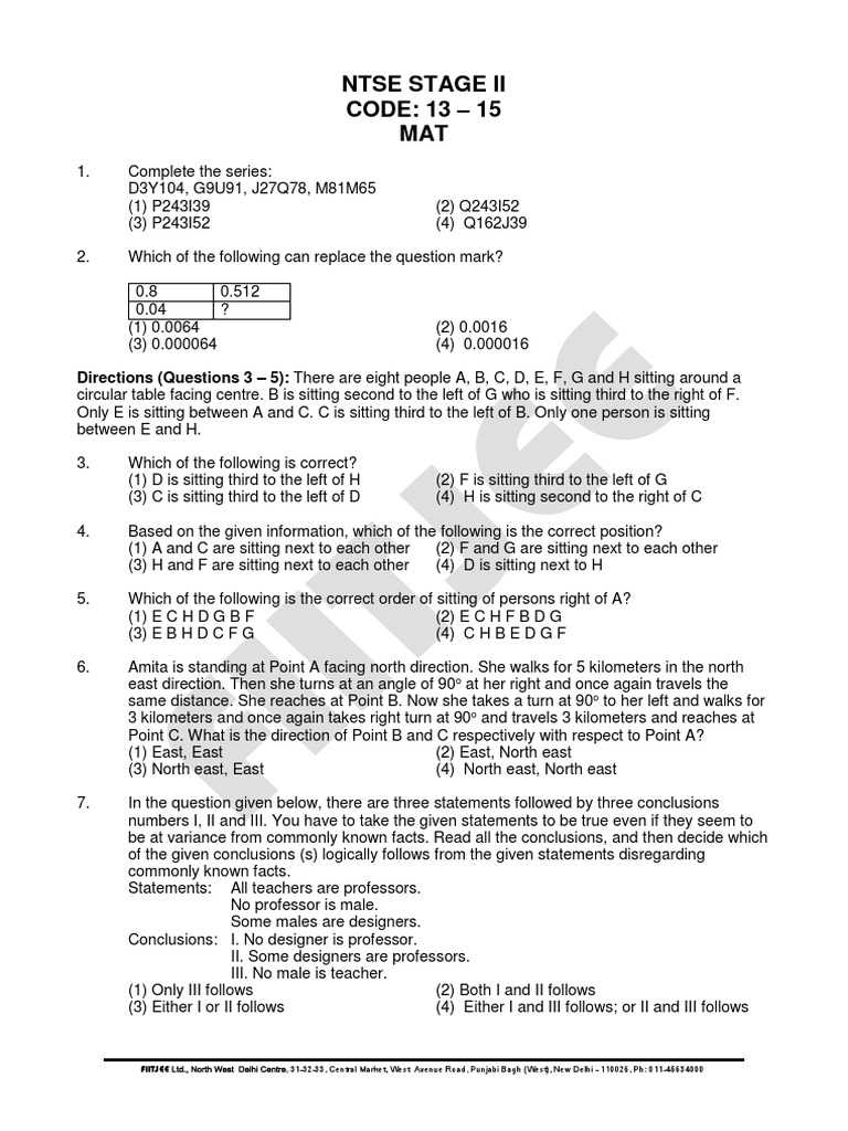 Ntse Stage 2 MAT PDF | PDF
