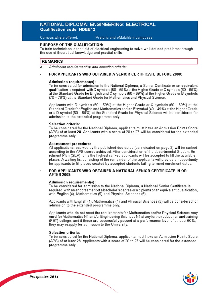 National Diploma in Engineering: Electrical - Admission Requirements ...