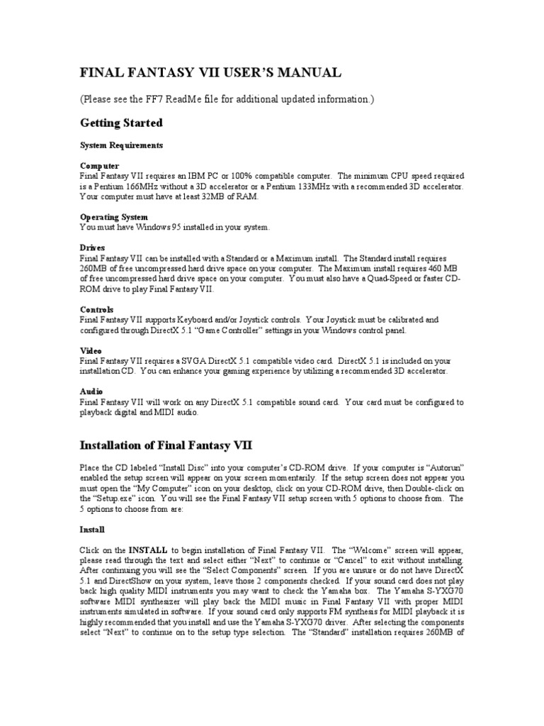 FF7 PC Manual | PDF | Computer Keyboard | Cd Rom