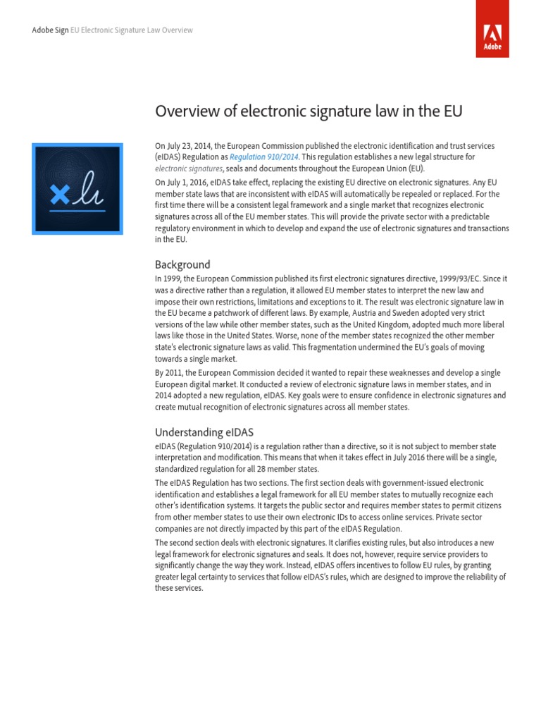 Overview of Electronic Signature Law in The EU | PDF | Public Key ...