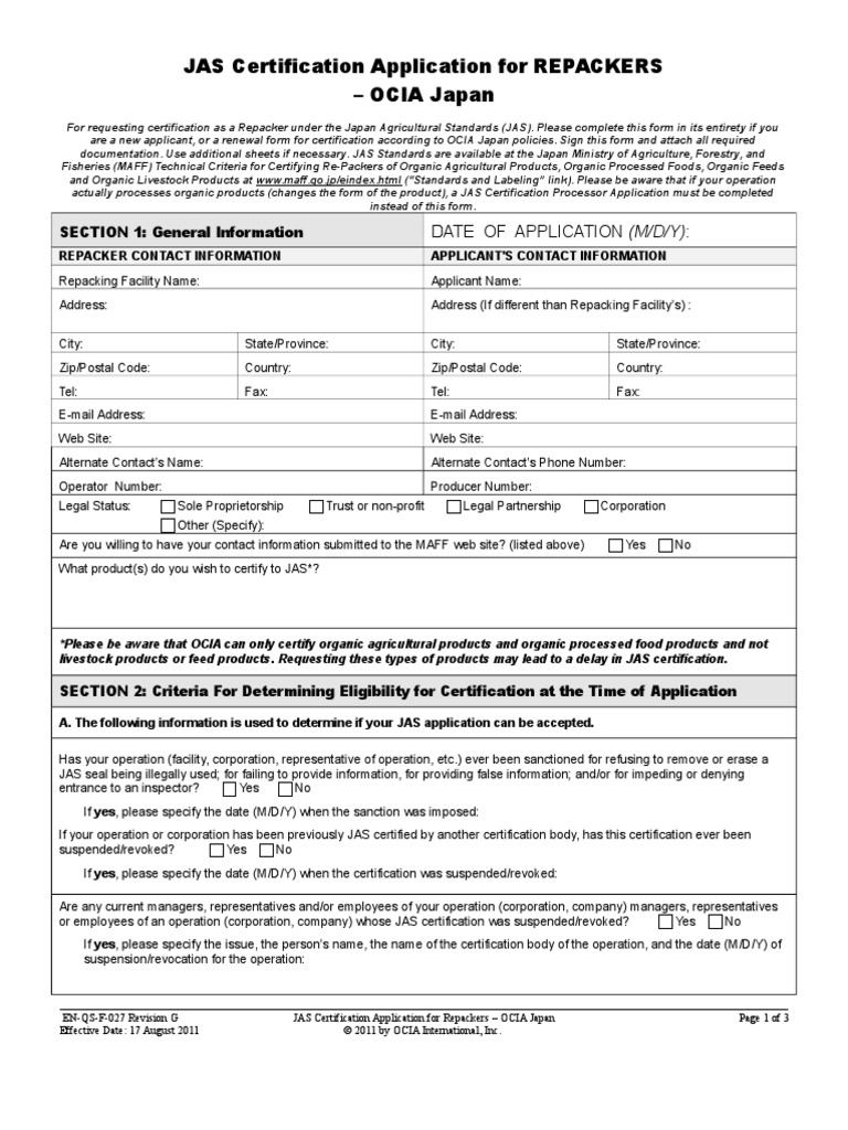 JAS Certification Application for REPACKERS – OCIA Japan: Date Of ...