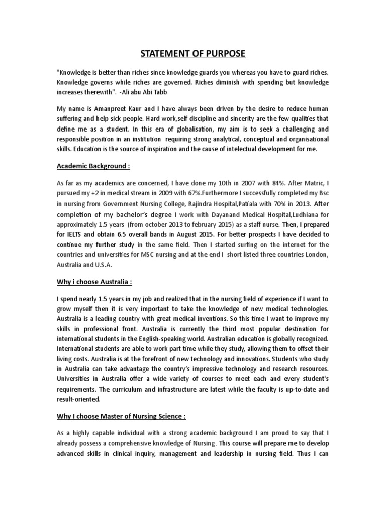 Sop For Qut | PDF | Nursing | International Student