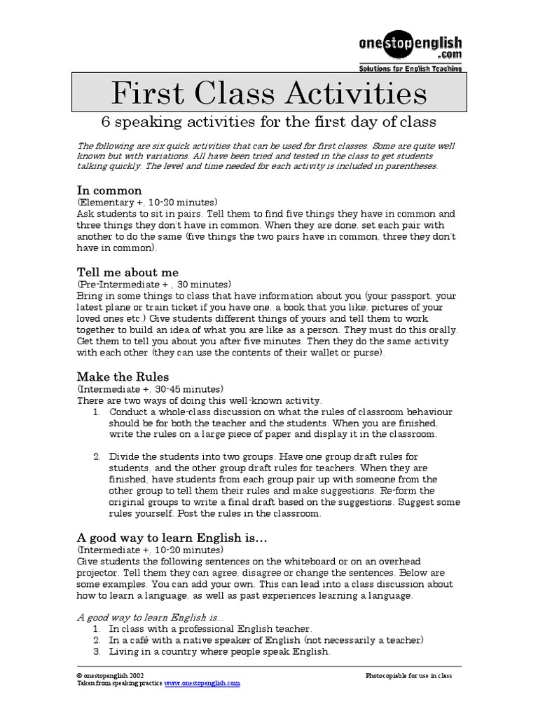 6 Speaking Activities For The First Day of Class | PDF