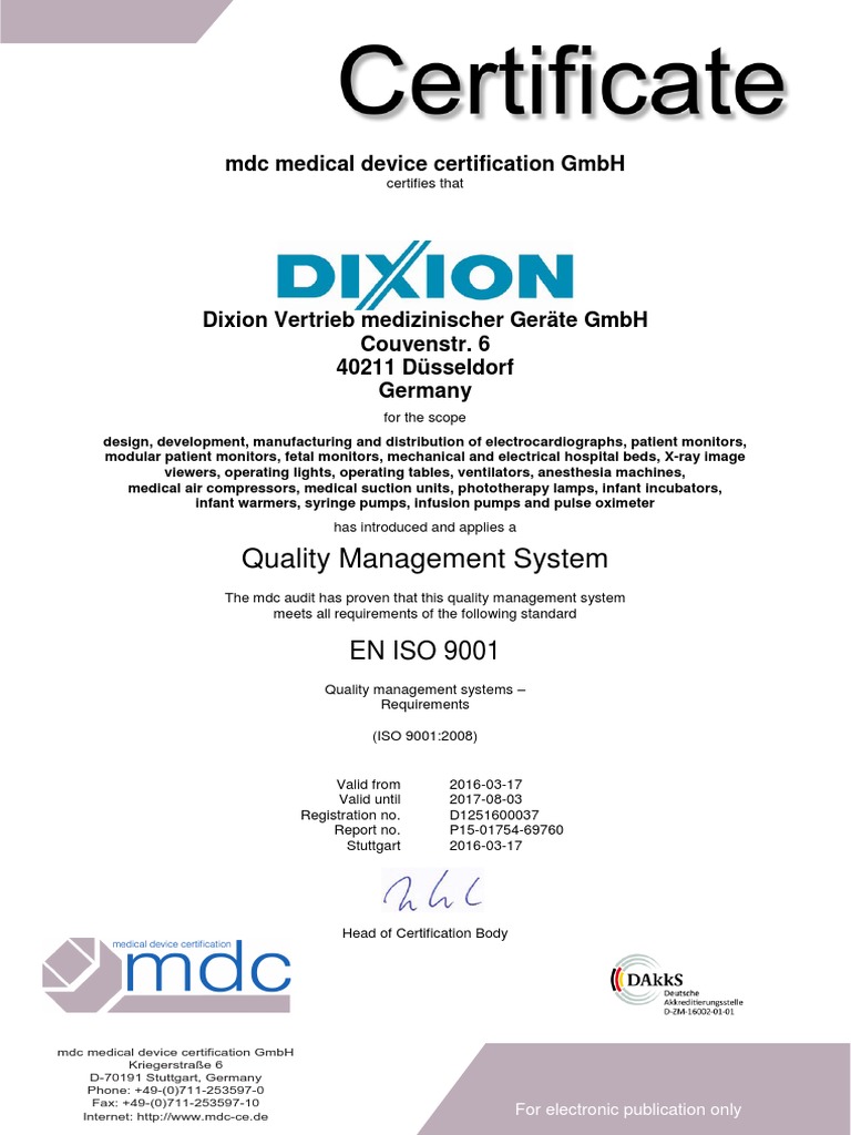 Quality Management System: MDC Medical Device Certification GMBH | PDF