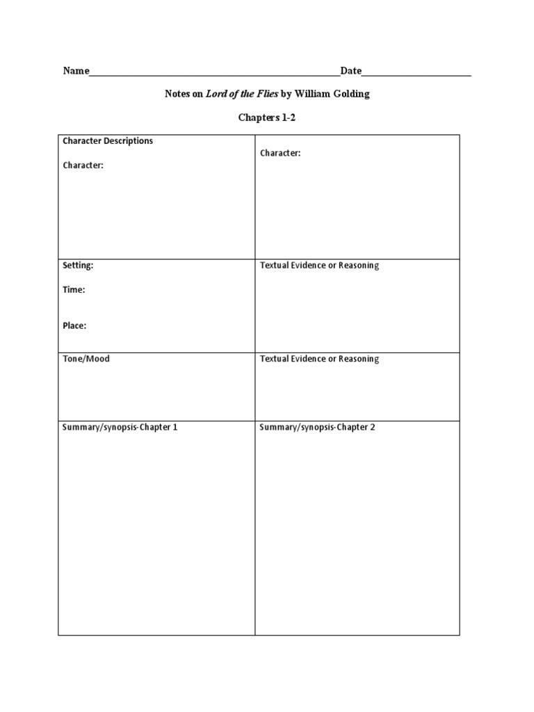 Name - Date - Notes On Lord of The Flies by William Golding Chapters 1 ...