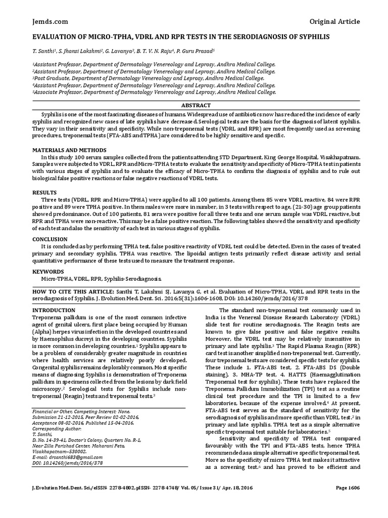 Vdrl Sifilis | Sensitivity And Specificity | Serum (Blood)