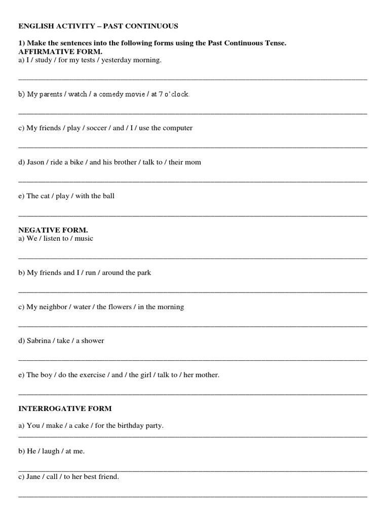 English Activity - Past Continuous 1) Make The Sentences Into The ...