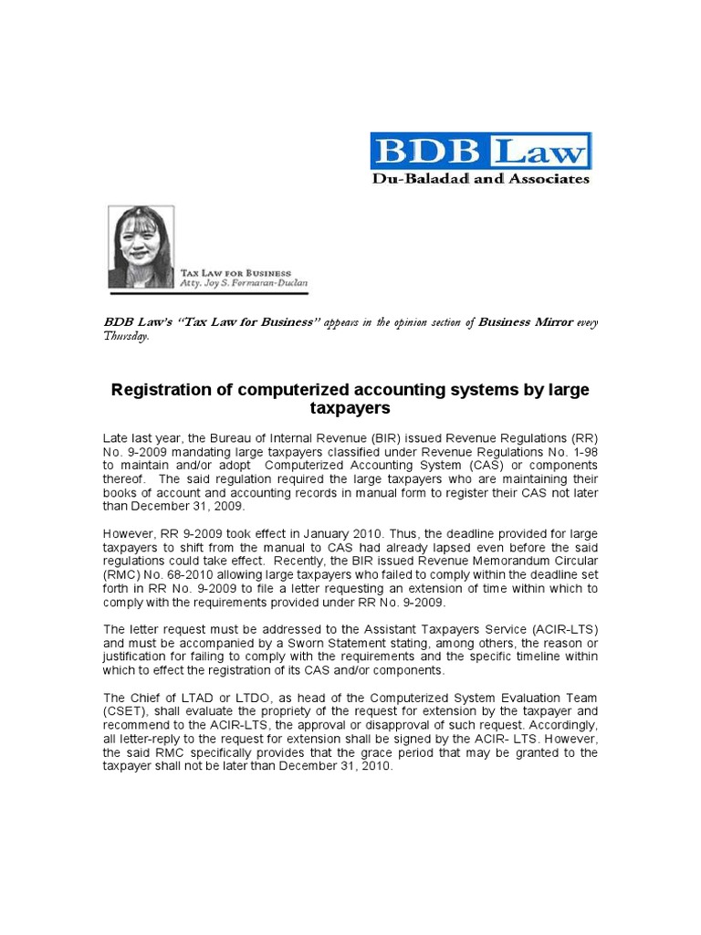 157.registration of Computerized Accounting Systems by Large Taxpayers ...