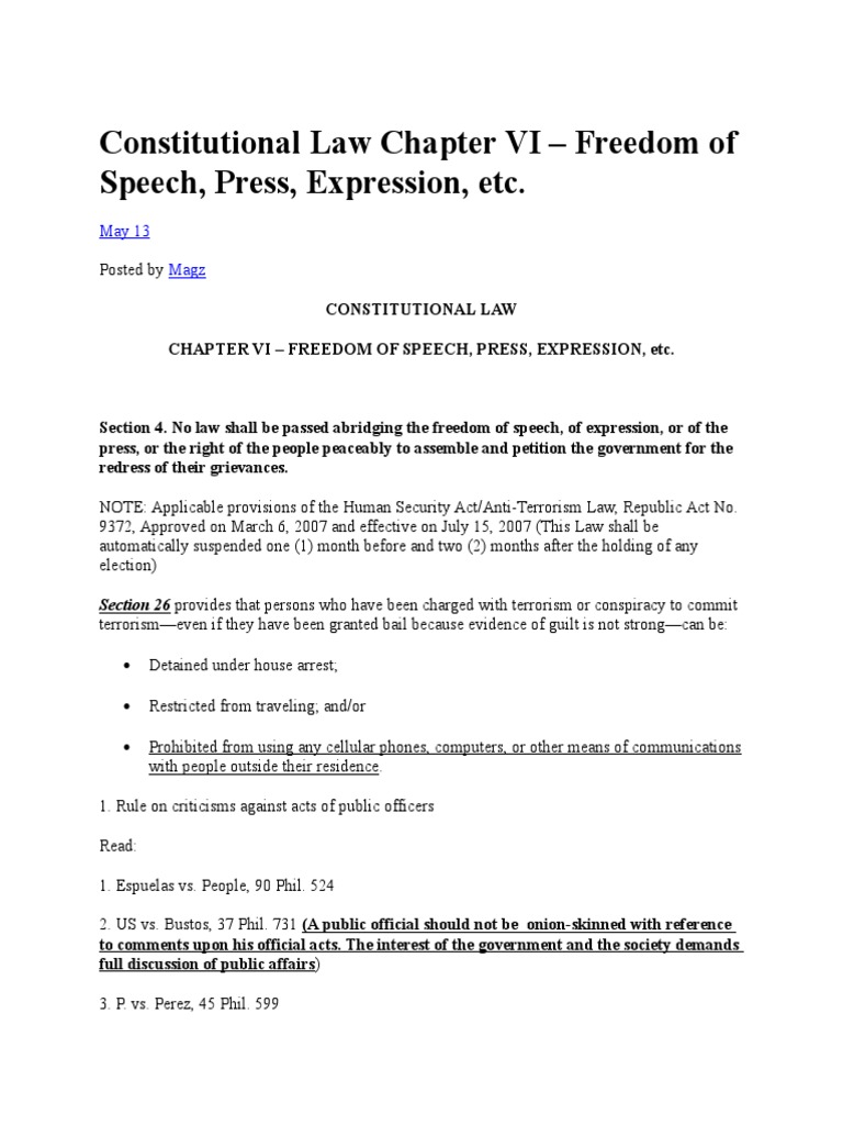 Constitutional Law Chapter VI - Freedom of Speech, Press, Expression ...