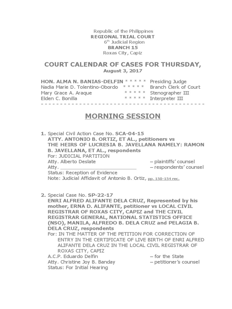 Court Calendar of Cases For Thursday,: Morning Session | PDF | Prosecution