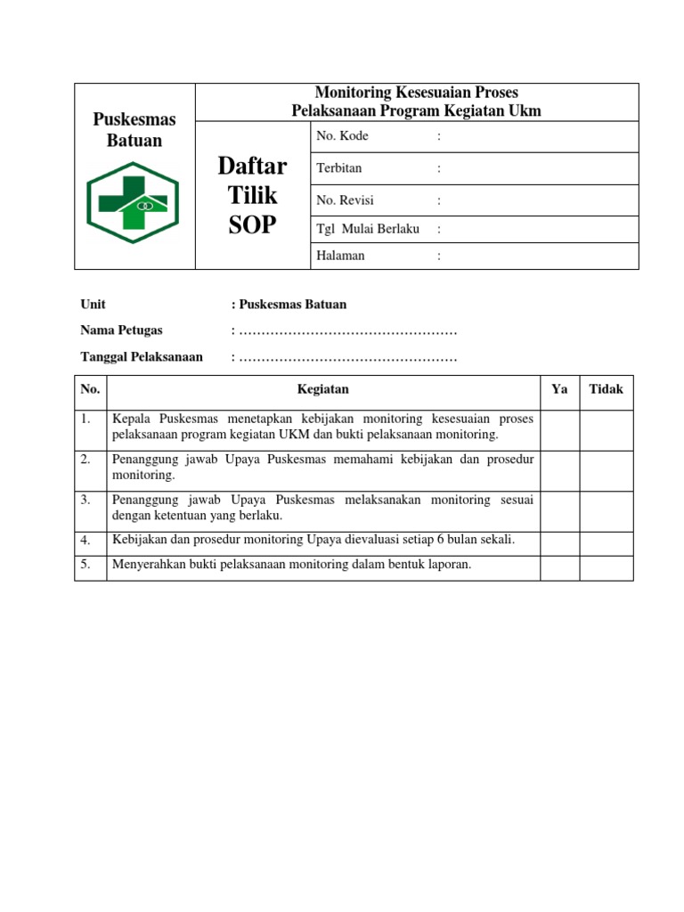 Daftar Tilik - Monitoring Kesesuaian Proses Pelaksanaan Program Kegiatan UKM | PDF