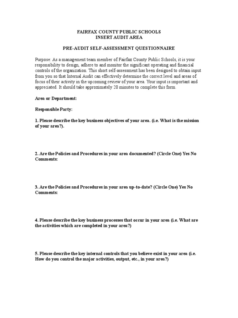 Pre Audit Self Assessment Questionnaire | PDF