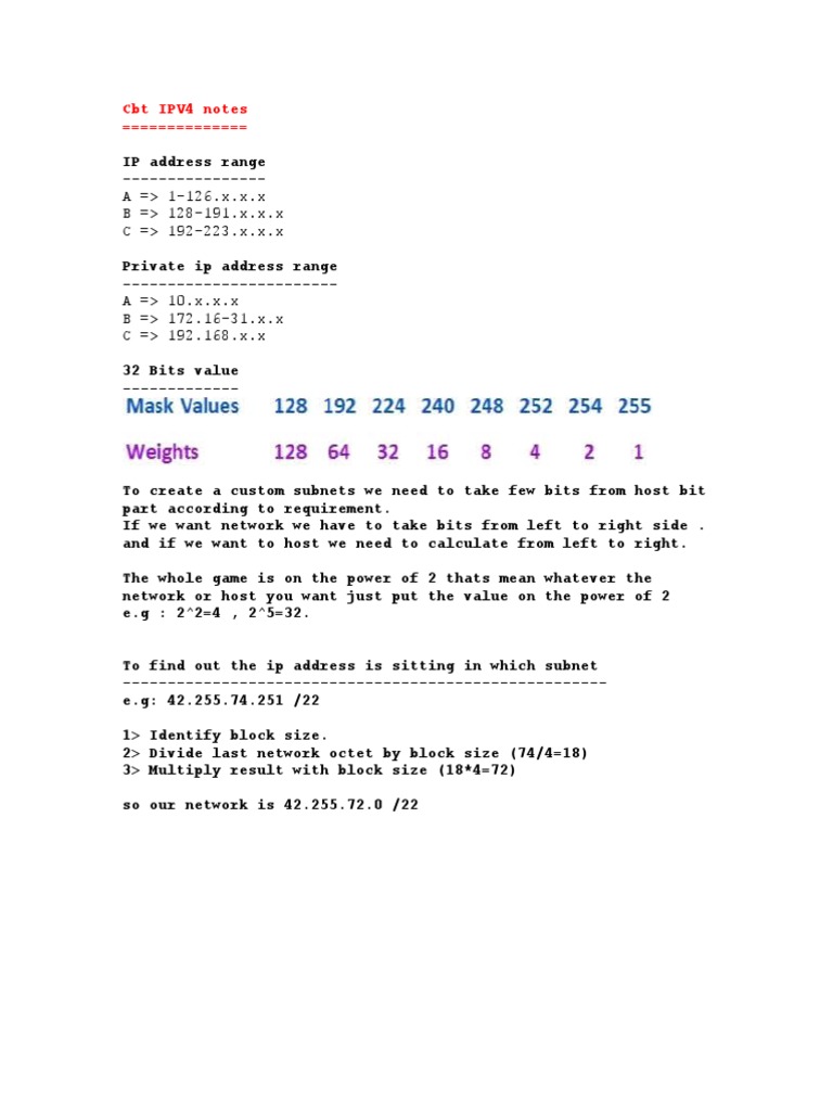 Cbt IPV4 notes - IP address ranges, private networks, subnets | PDF ...