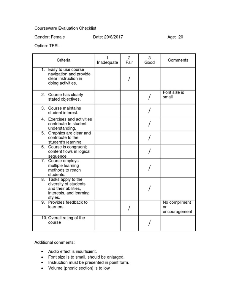 Courseware Evaluation Checklist | PDF | Cognition | Educational Psychology Courseware Evaluation Checklist | PDF | Cognition | Educational Psychology