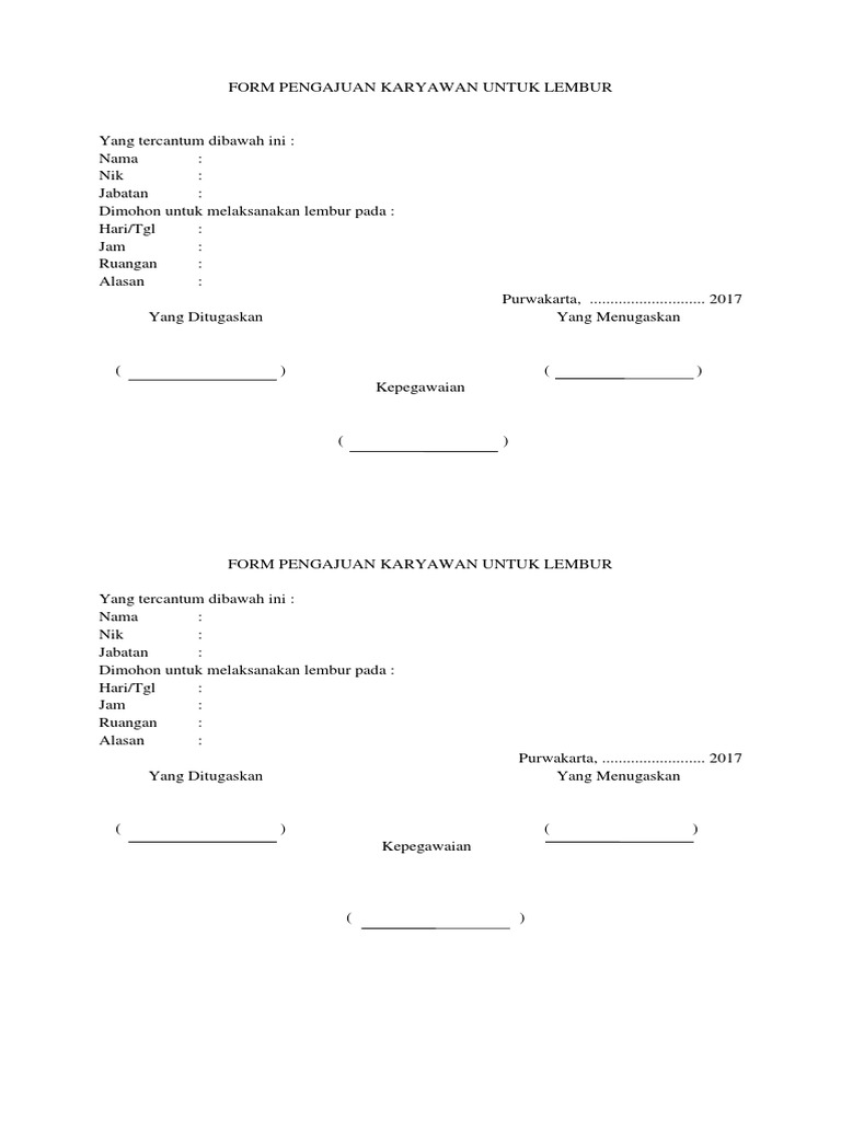 Form Pengajuan Lembur Karyawan | PDF