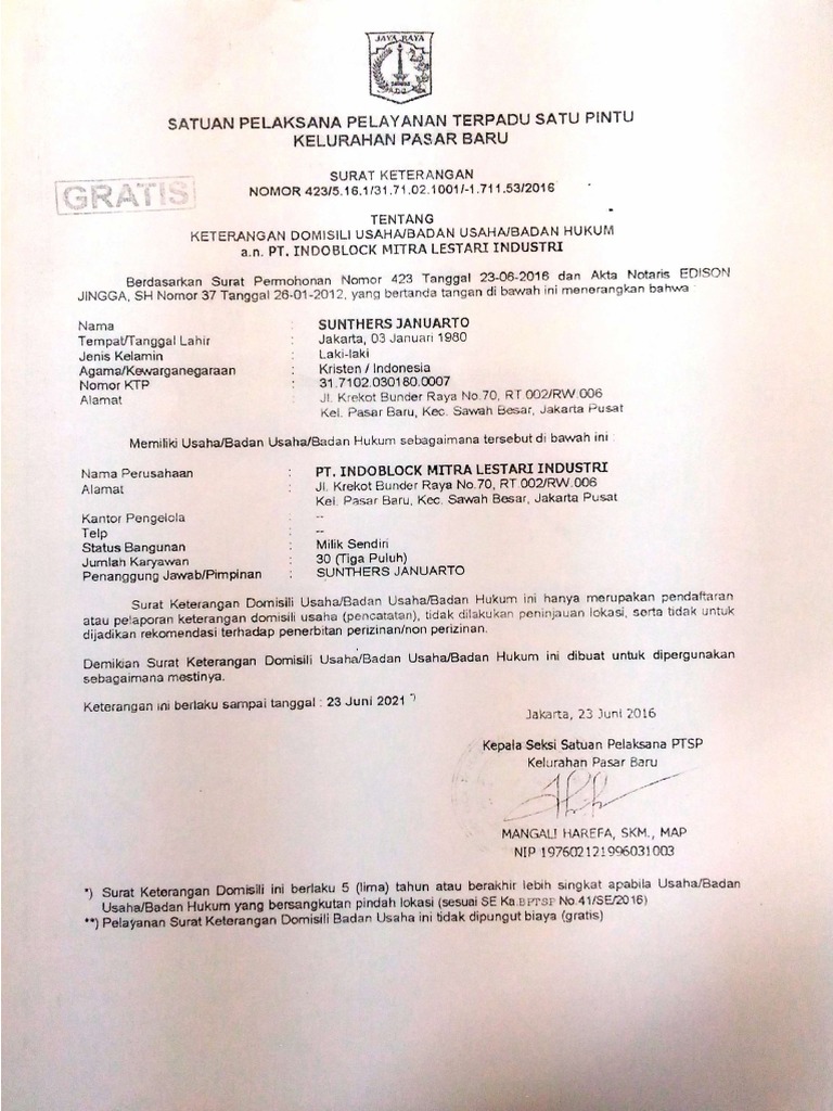 Contoh Surat DOMISILI-Indoblock (Krekot) | PDF