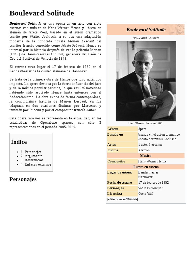 Boulevard Solitude | PDF | Adaptaciones de obras | Ópera
