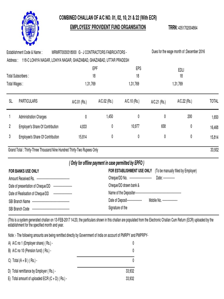 Epf Challan Dec-2016 | PDF | Cheque | Payments