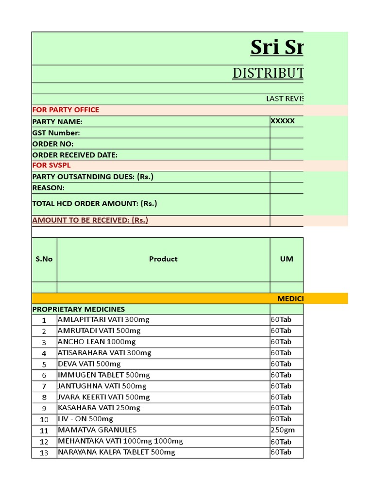 Distributor Order Form for Medicines | PDF | Shampoo | Curry