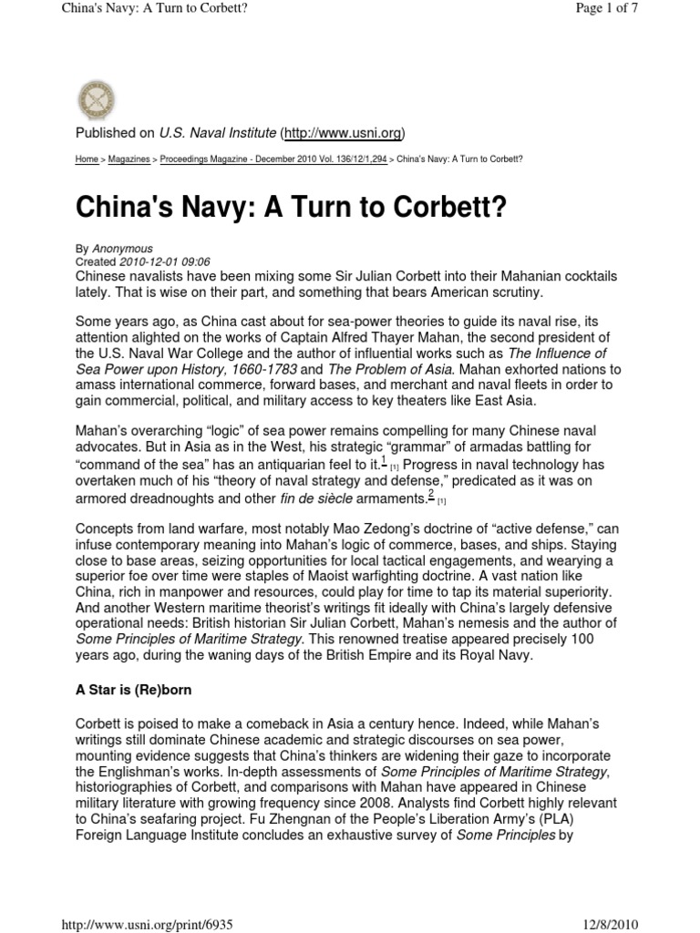 China's Navy Strategy: Corbett Influence | PDF | Alfred Thayer Mahan ...