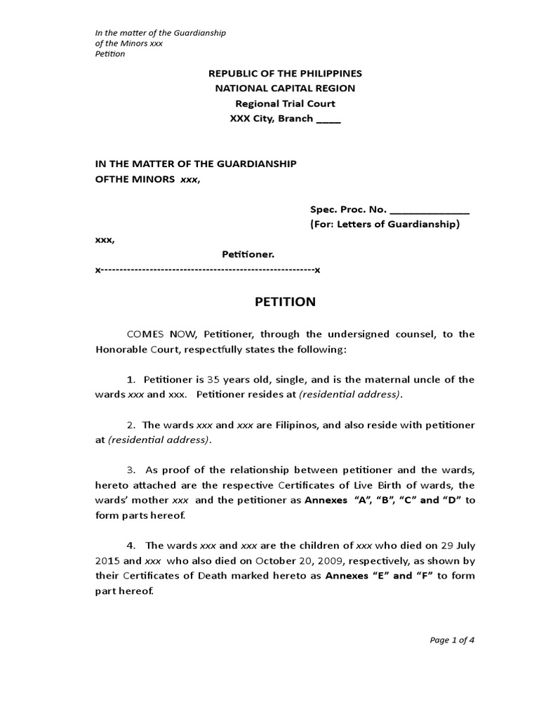 Petition: in The Matter of The Guardianship of The Minors XXX Petition ... Petition: in The Matter of The Guardianship of The Minors XXX Petition ...