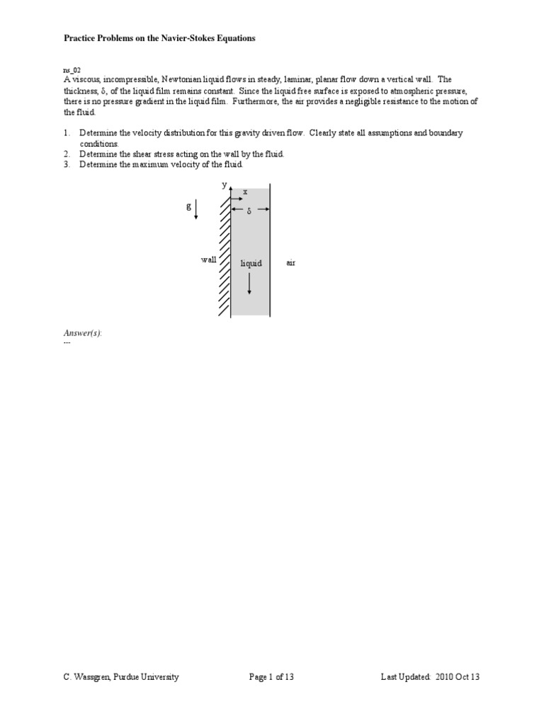 Practice Problems On The Navier-Stokes Equations: Answer(s) | PDF ...