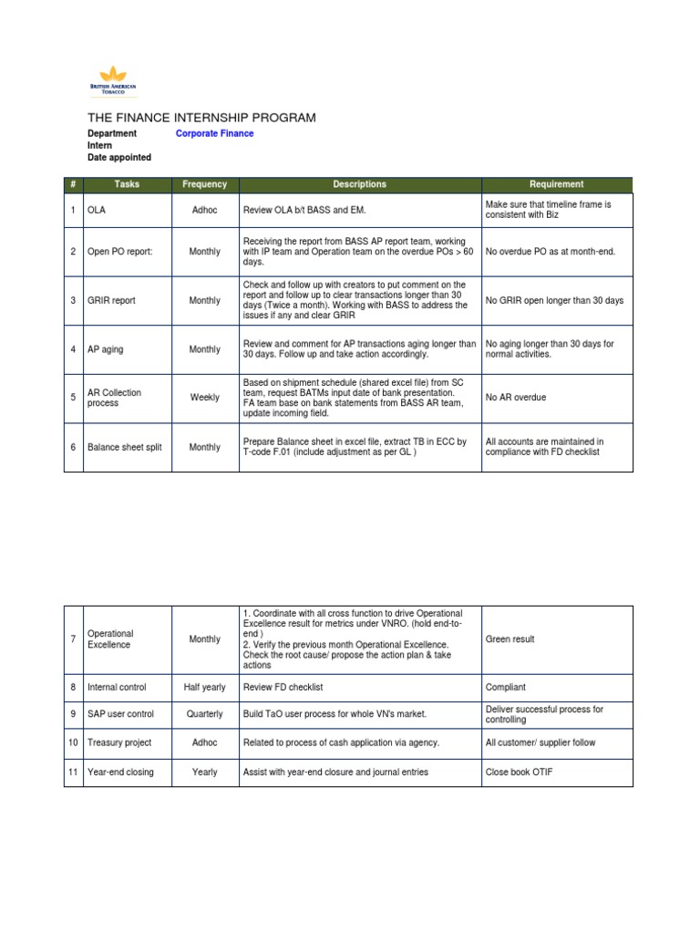 Finance Intern Job Responsibilities | PDF | Computing | Economies