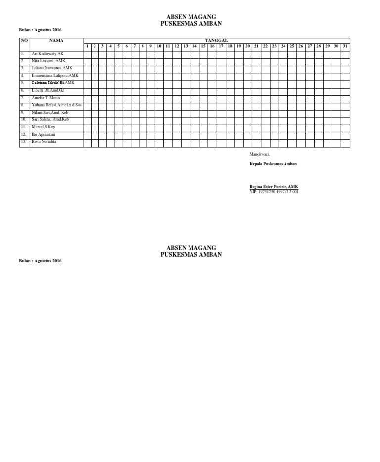 Absen Magang Puskesmas Amban | PDF