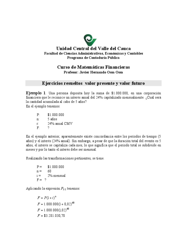 Ejercicios Resueltos Sobre Valor Presente y Valor Futuro PDF | PDF