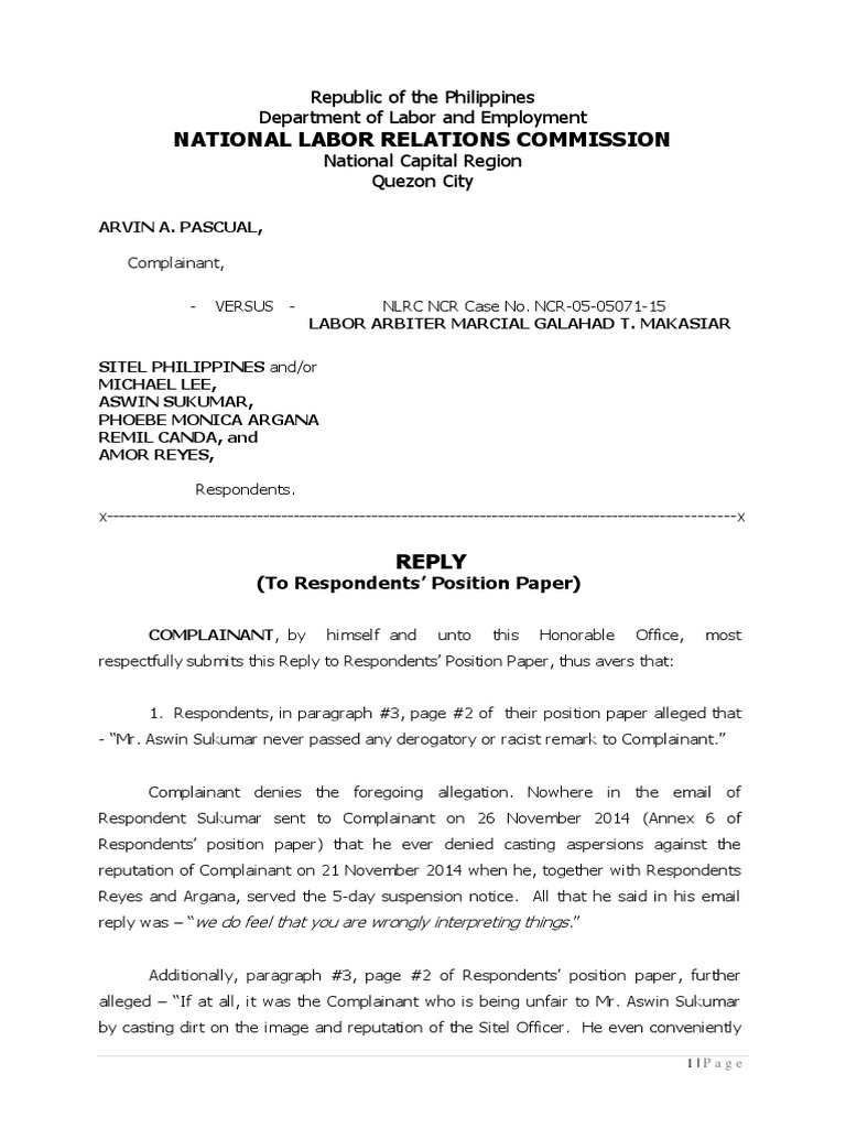 Sample Reply To Respondents Position Paper | PDF