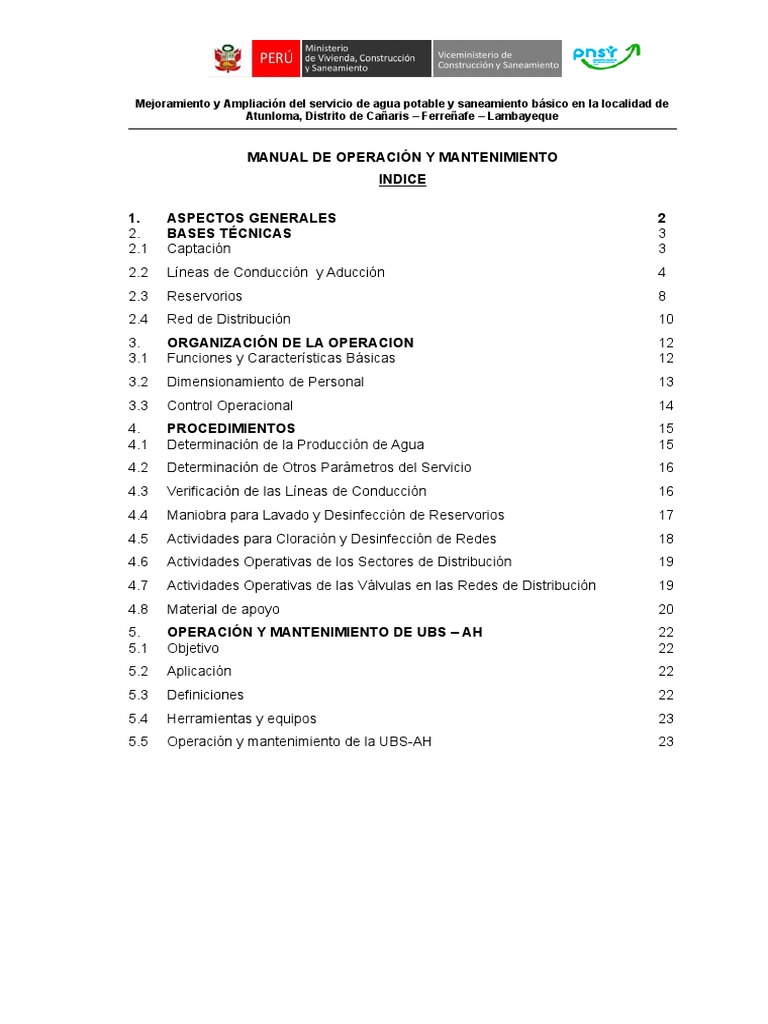 Manual de Operación y Mantenimiento AGUA POTABLE | PDF | Reservorio | Agua
