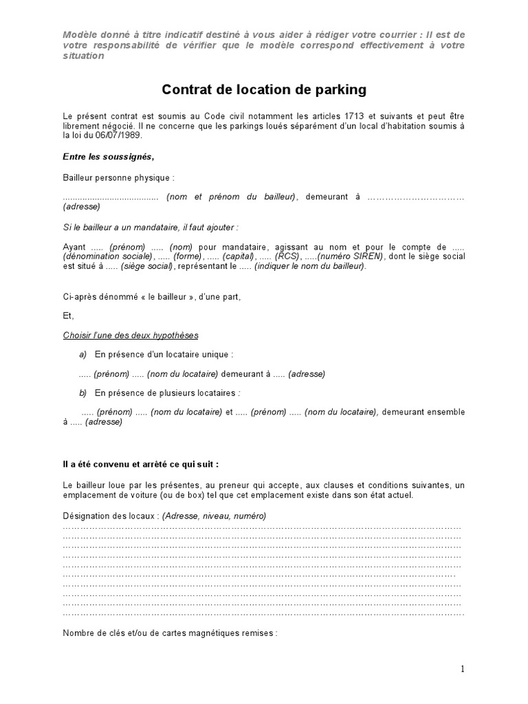 Modèle de contrat de location parking | PDF | Condominium | Business ...