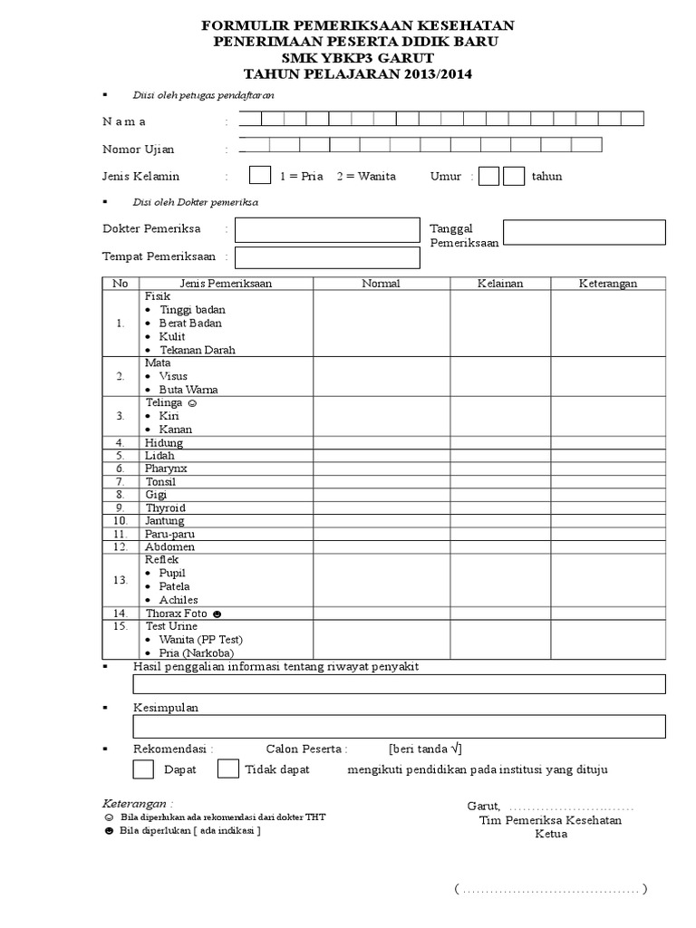 FORMULIR PEMERIKSAAN KESEHATAN