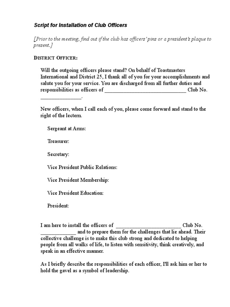 Script For Club Officer Install | PDF | Leadership