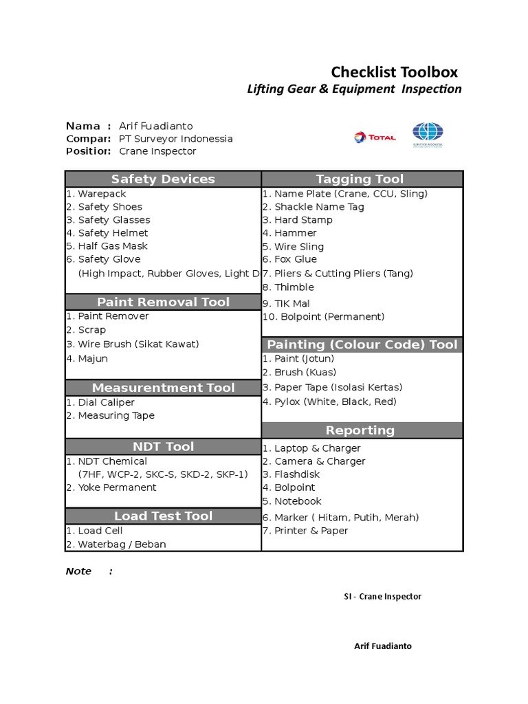 Checklist Tool For TOTAL Lifting Gear Inspection | PDF