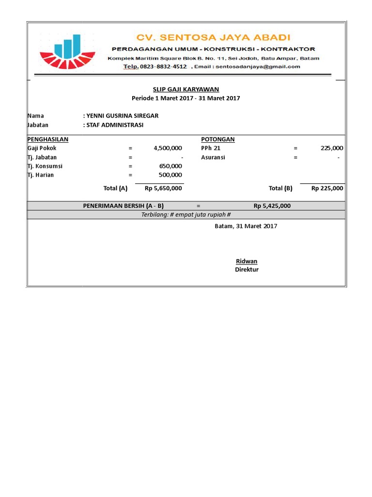 Contoh Slip Gaji Karyawan 'Yenni' CV - Sja | PDF