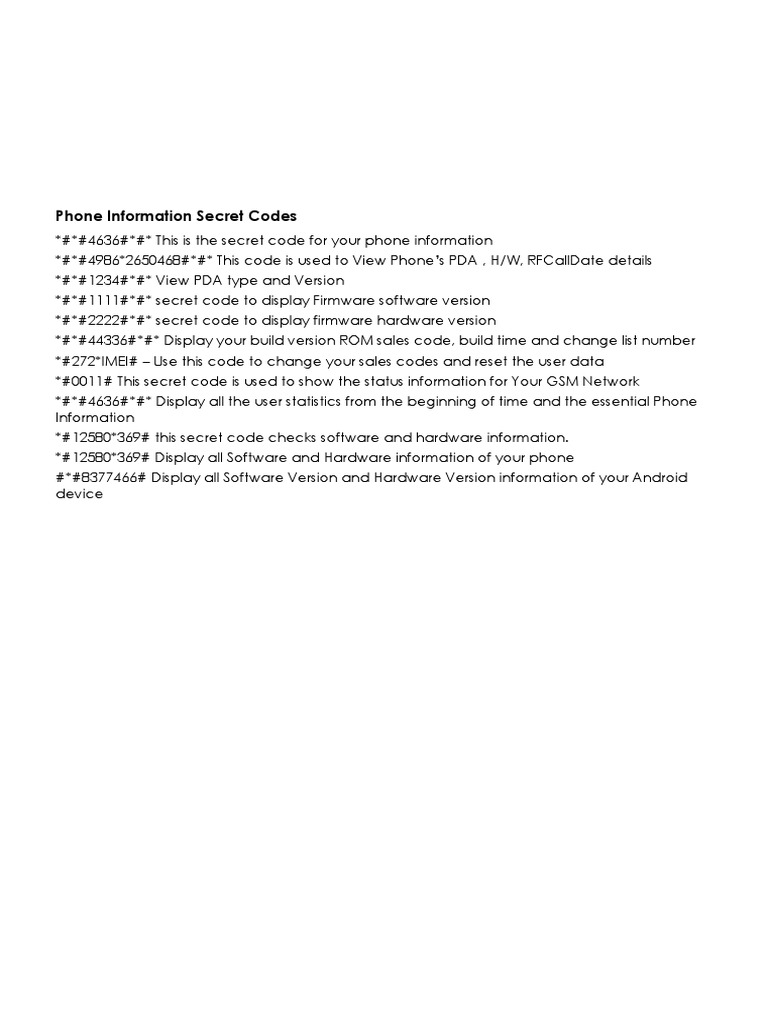 Phone Secret Codes for Info Access | PDF | Computer Hardware | Android ...
