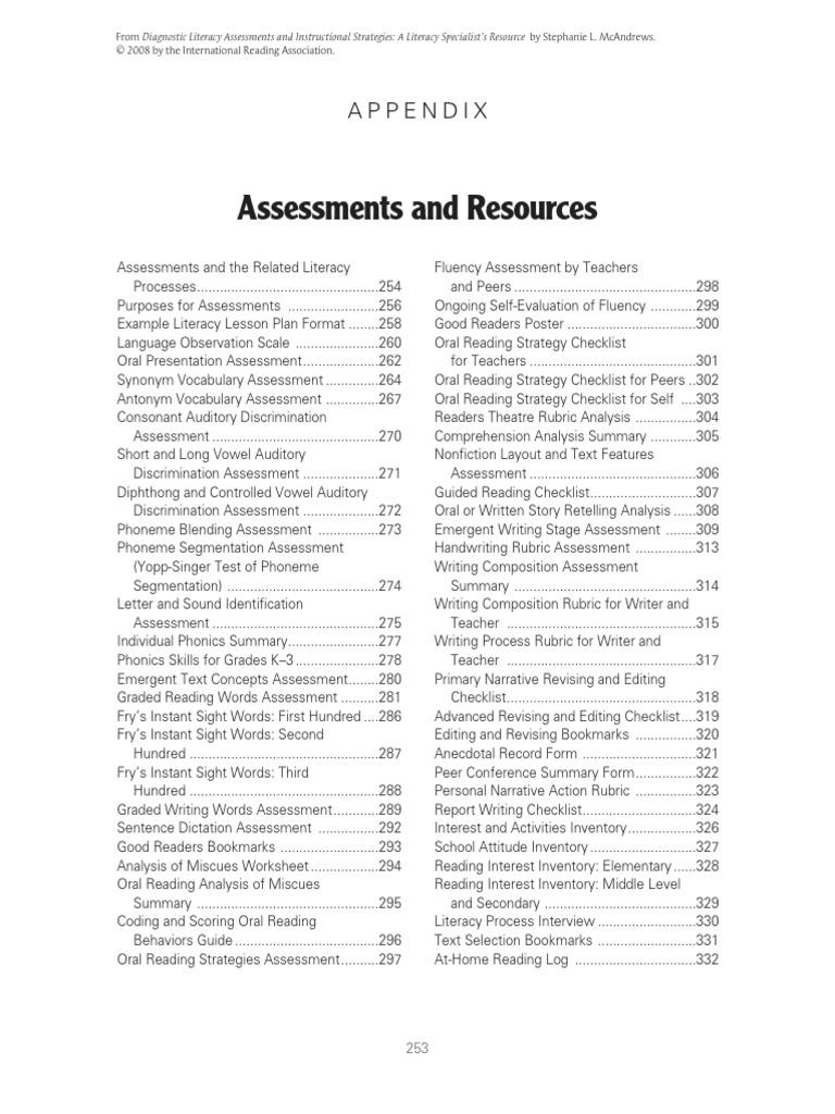Assessments and Resources: Appendix | PDF | Reading Comprehension | Phonics