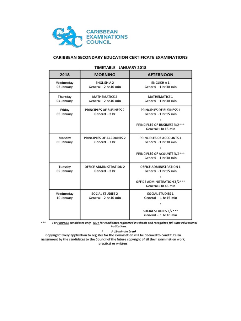 Caribbean Secondary Education Certificate Examinations: Timetable ...