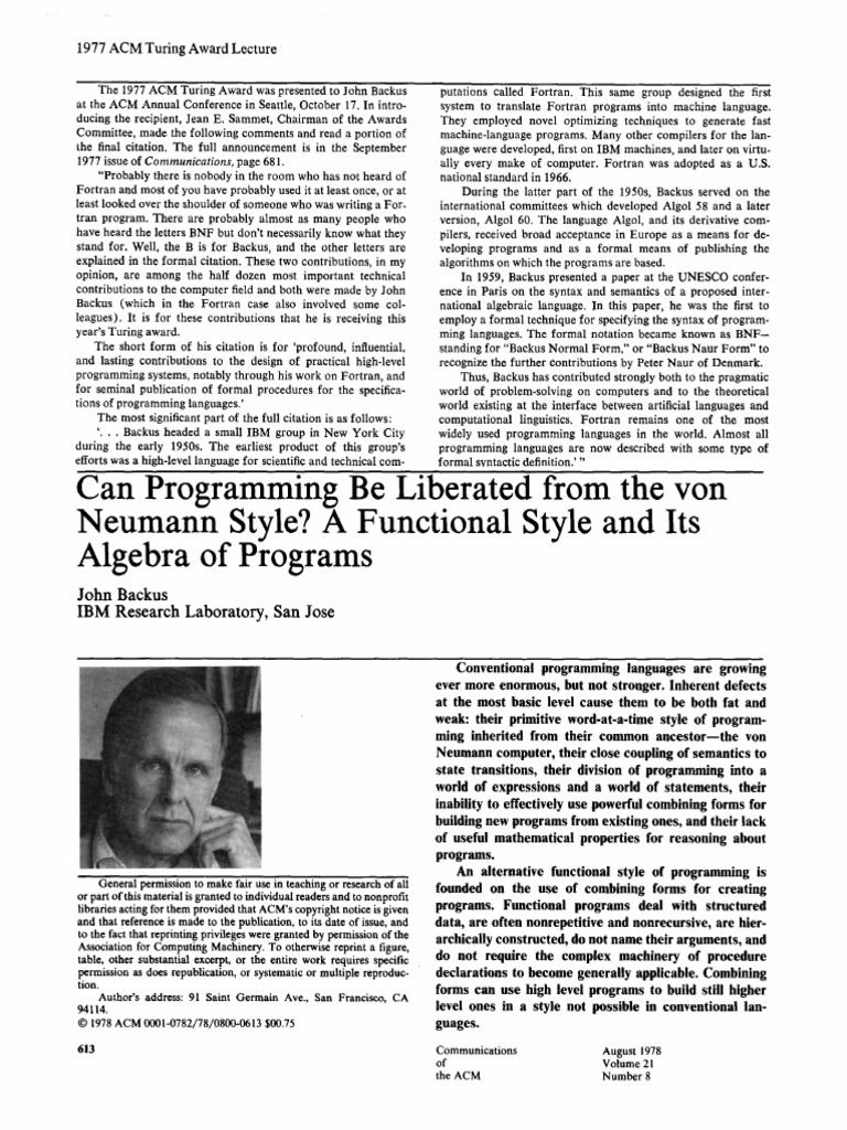 John Backus Turing Award Lecture | PDF | Functional Programming ...