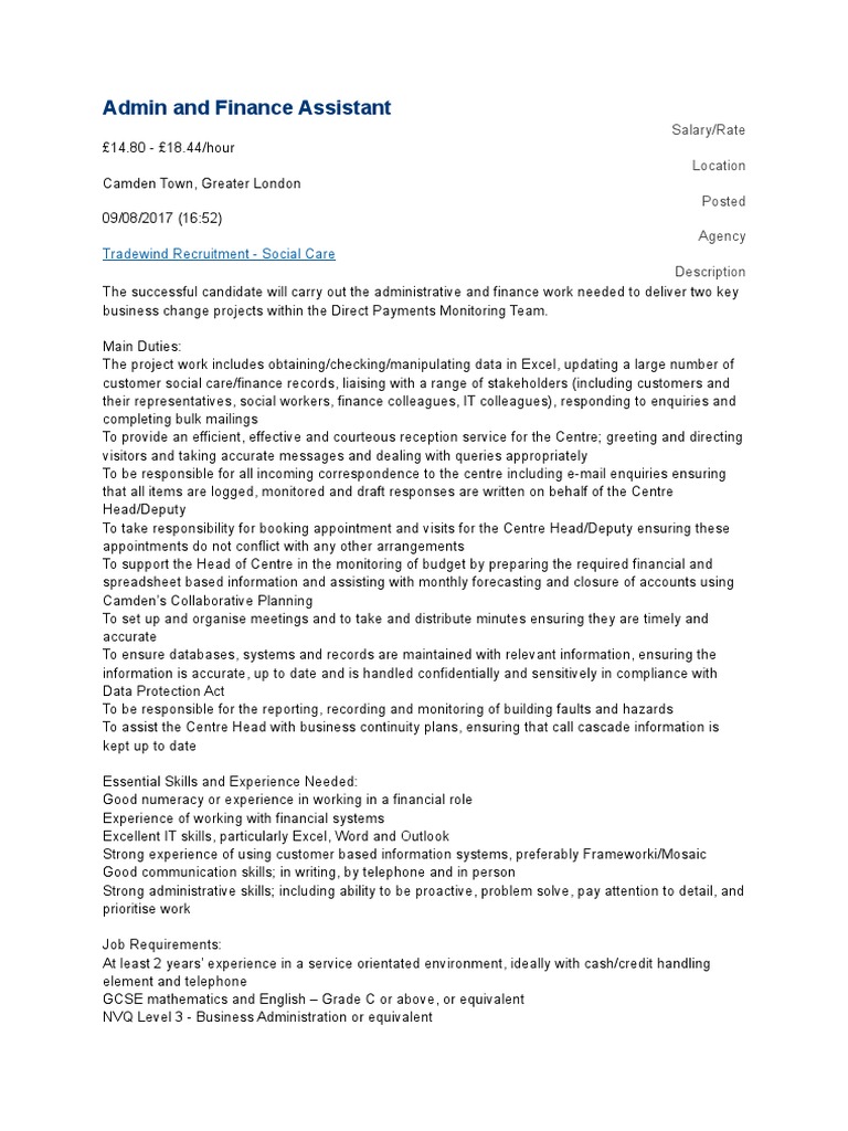 Admin and Finance Assistant JD | PDF | Business